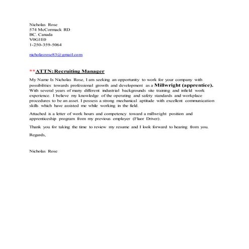 Nicholas Rose resume for Millwright apprentiship employment | DOCX