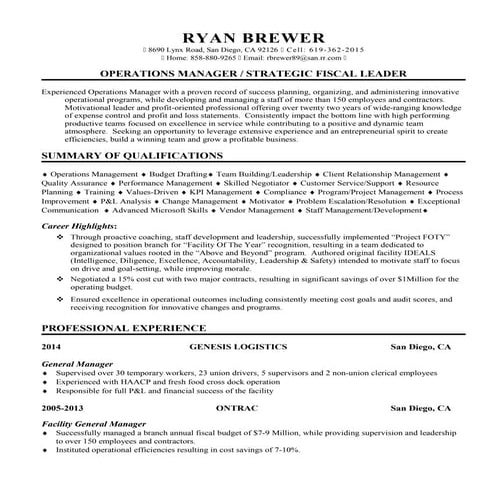 Ryan Brewer Operations Professional 2015 | PDF