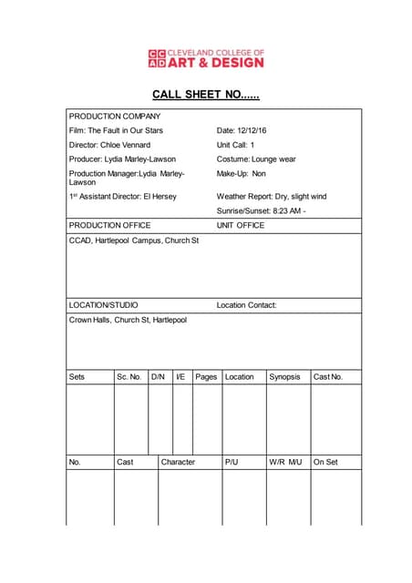 Call sheet-no1 | DOCX