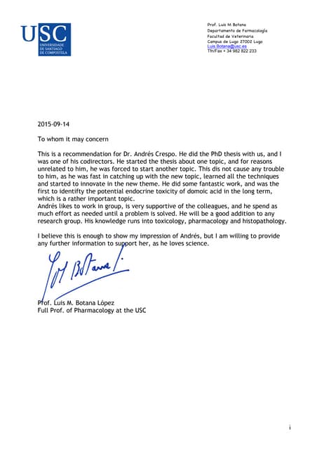 Recomendation Letter Andrés Crespo. Anatomy-Veterinary | PDF