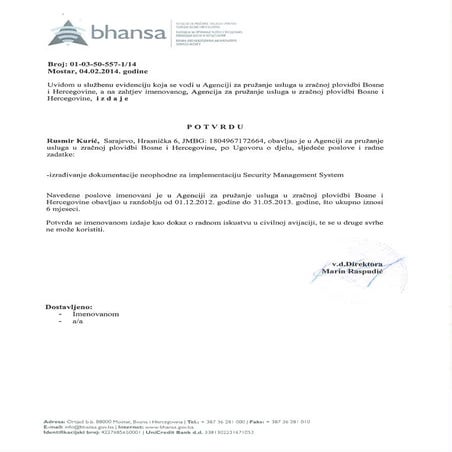 BHANSA Potvrda o angazmanu | PDF