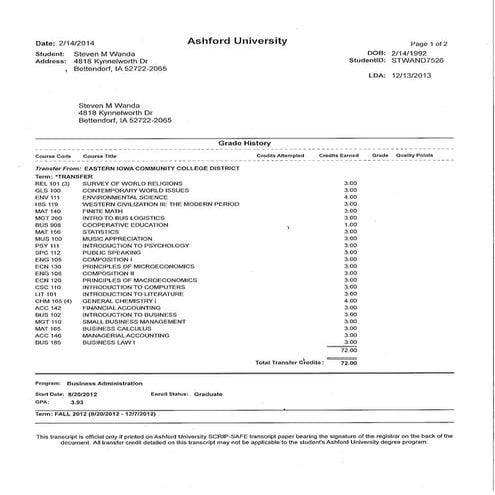 Ashford University Transcript | PDF