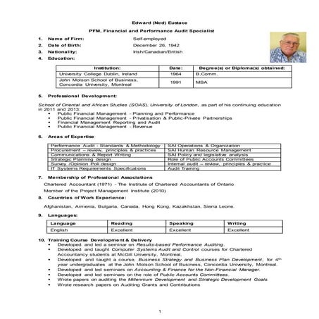 Eustace_Ned_CV_09_2016 | DOCX | Business Accounting & Finance | Business