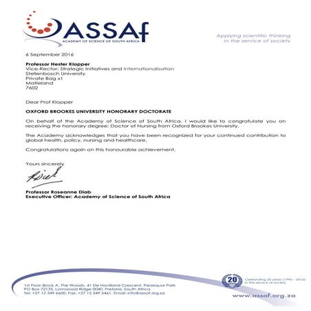 Congratulatory letter_Prof H Klopper_Sept2016 | PDF