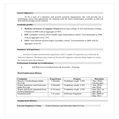 Resume for Telecom 6+ years Exp | DOC