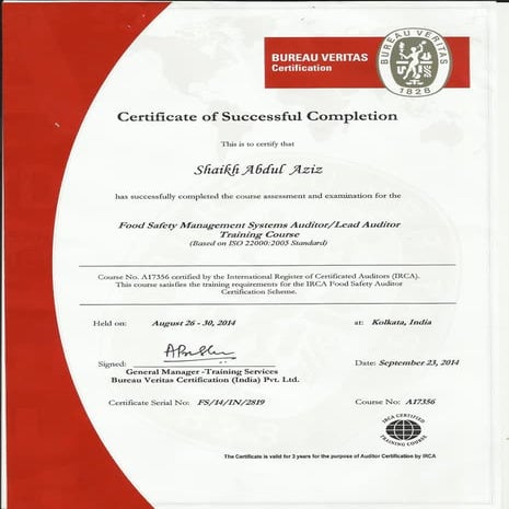 ISO 22000 Lead Audtor Certificate | PDF
