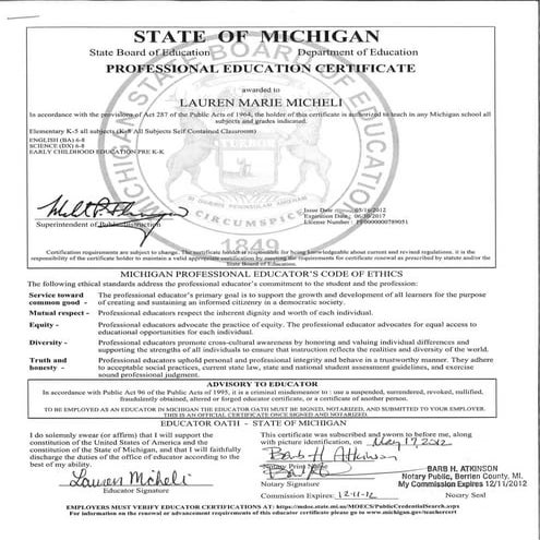 Micheli-Official Professional Ed Cert- Michigan | PDF