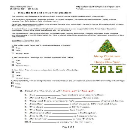 Christmas Homework - 5th Grade | DOCX