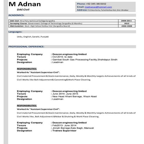 CV Adnan | DOCX | Civil Engineering Industry | Industries