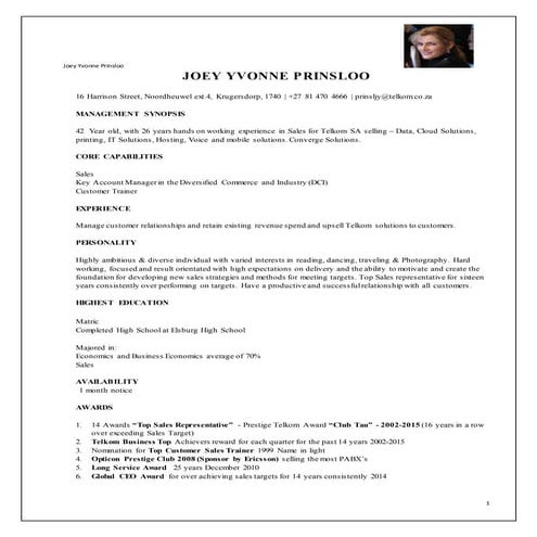 Joey Prinsloo CV 2015 | PDF