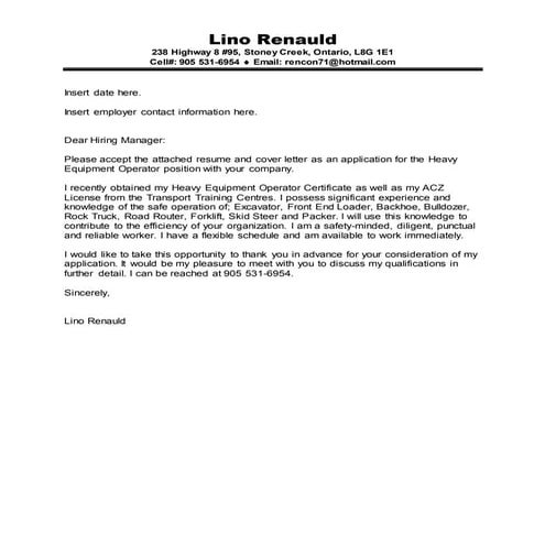 Lino Renaud -Construction ACZ & Machine Operator cover letter and ...