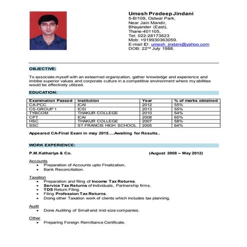 Umesh Pradeep Jindani Resume (with Photo) | DOCX