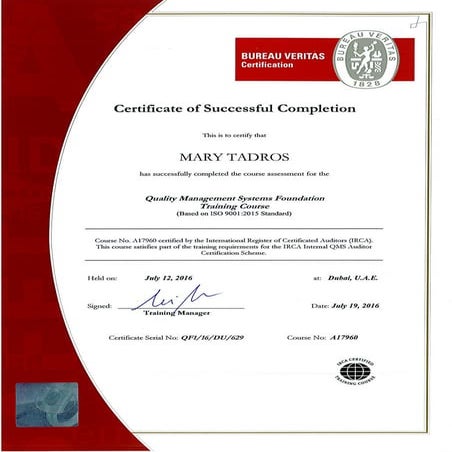 Mary Tadros QMS Foundation Certificate | PDF