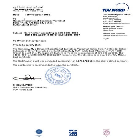 Oman International Container Terminal- Recommendation Letter | PDF