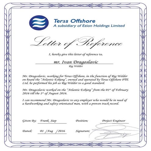 Reference Letter - Frank Siep - Offshore Instalation Manage | PDF