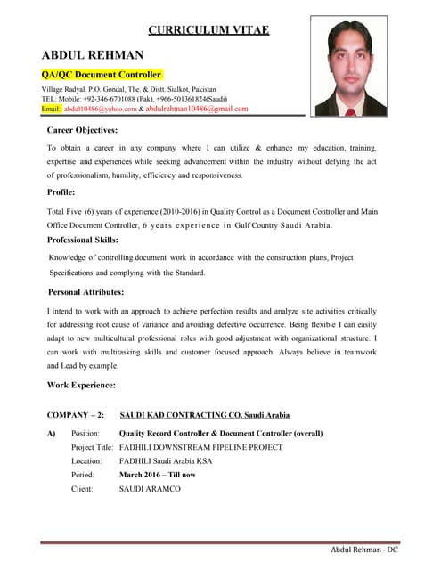 CV - Abdul Mannan Document Controller (QA-QC) | PDF | Business | Business and Finance