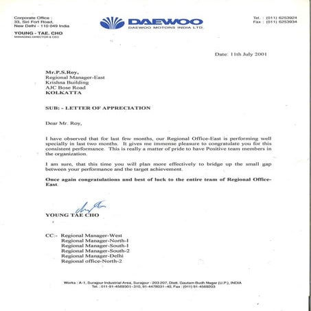 Daewoo Appreciation Letter | PDF