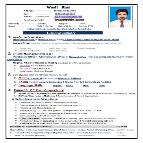 Wasif Riaz Cv (1) | DOCX | Business Accounting & Finance | Business