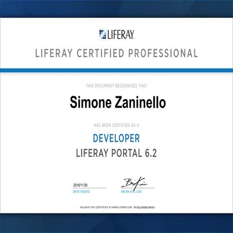 Simone Zaninello - Liferay Inc - Training Certificate FH1SDGHSRS5N7KO | PDF