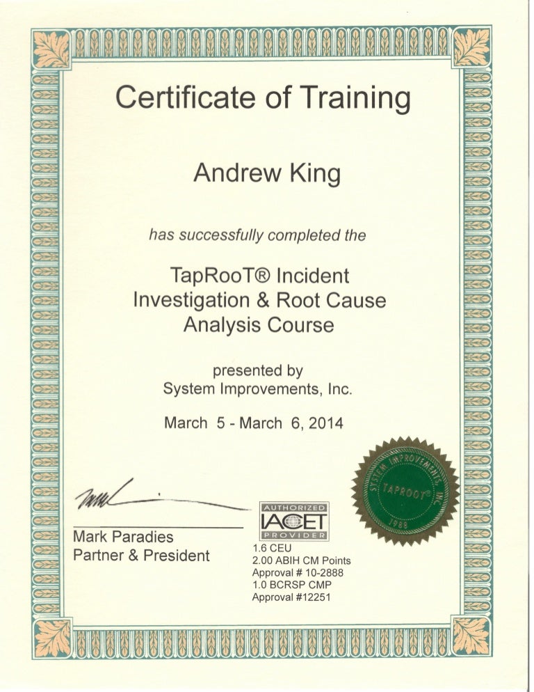 TapRoot Certificate - March 2014