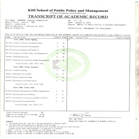 KDI School Transcript | PDF