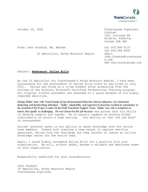 Recommendation letter from Gord Bartels | PDF