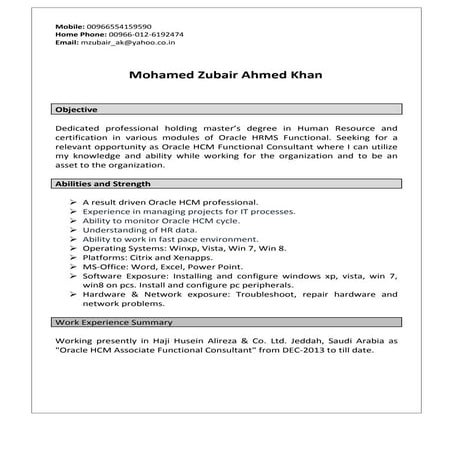 Zubair's Oracle HCM CV | PDF
