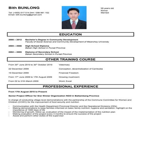 Bith BUNLONG CV | DOC | Business | Business and Finance