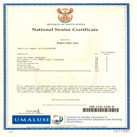 Matric Certificate 2009 | PDF