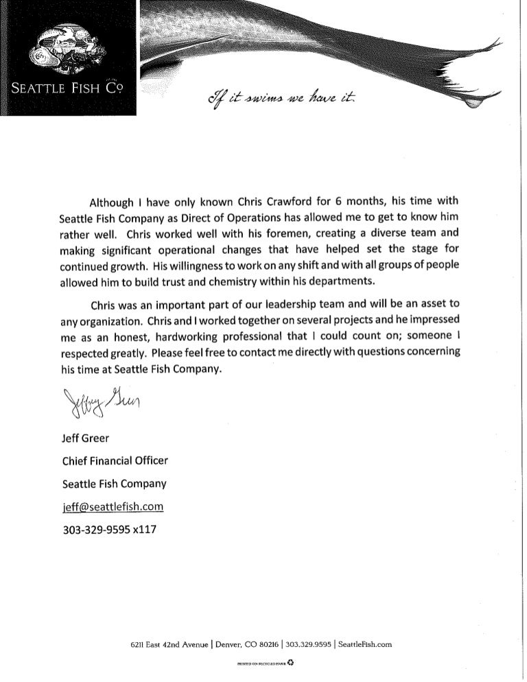 Seattle Fish Letter of Recommendation