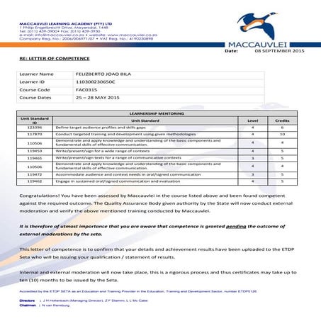 BILA, FELIZBERTO .J - LETTER OF COMPETENCE | PDF
