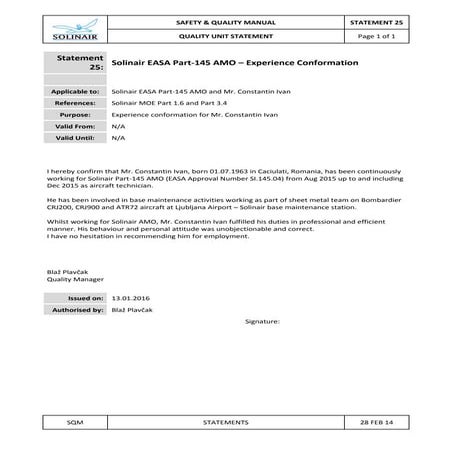 Statement 25_Solinair_EASA_Part-145_AMO_-_Experience_Conformation | PDF