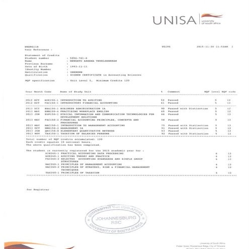 UNISA accademic record | PDF