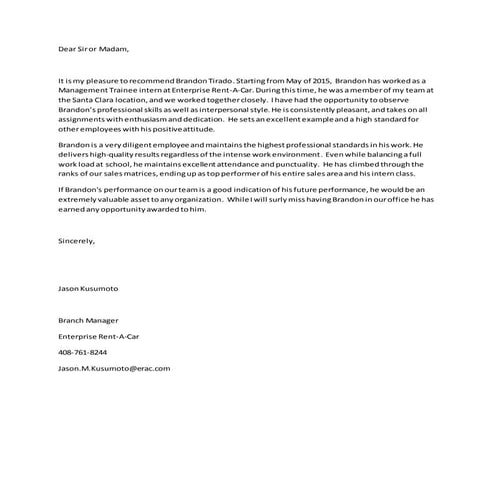Brandon Tirado Letter of Rec from Enterprise Rent a Car | DOCX