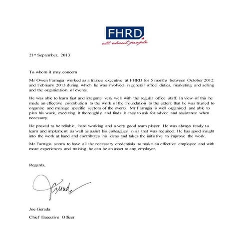 Reference Letter - FHRD - Mr Joe Gerada | DOCX | Human Resources | Business