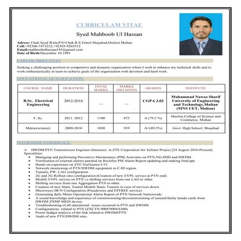 Syed Mahboob Ul Hassan CV as Electrical Engineer | PDF