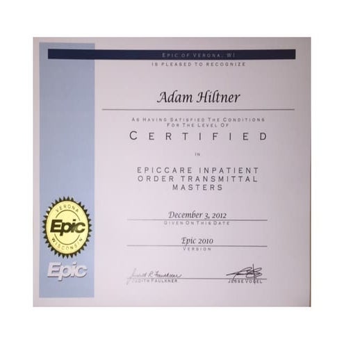 EpicCare Inpatient Order Transmittal Masters Certification | PDF