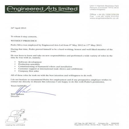 Pedro Silva - Recommendation Letter Engineered Arts | PDF