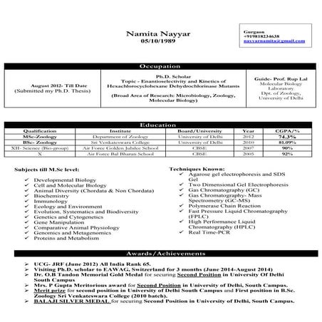 Namita Nayyar. CV | PDF | Biotech and Biomedical Industry | Industries