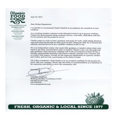 Olympia Food Co-op Letter of Recommendation | PDF