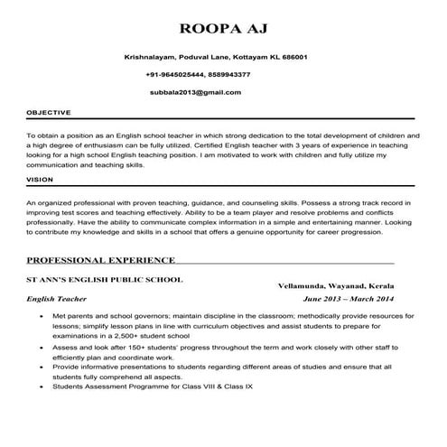 roopa aj resume | DOC | Professional School | Postgraduate Education