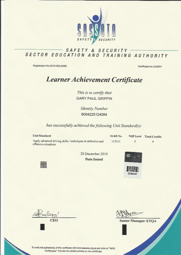 SASSETA Certificate SASSETA Certificate