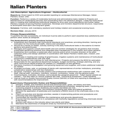 Job Description - Agriculture Engineer - Holticulturist | PDF