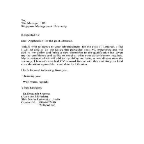 Application for Librarian Position at Singapore Management University | PDF