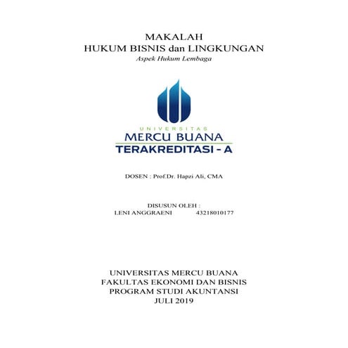 5, hbl, Leni Anggraeni, Hapzi Ali, Aspek Hukum Lembaga ,Universitas Mercu Buana. 2019 | PDF