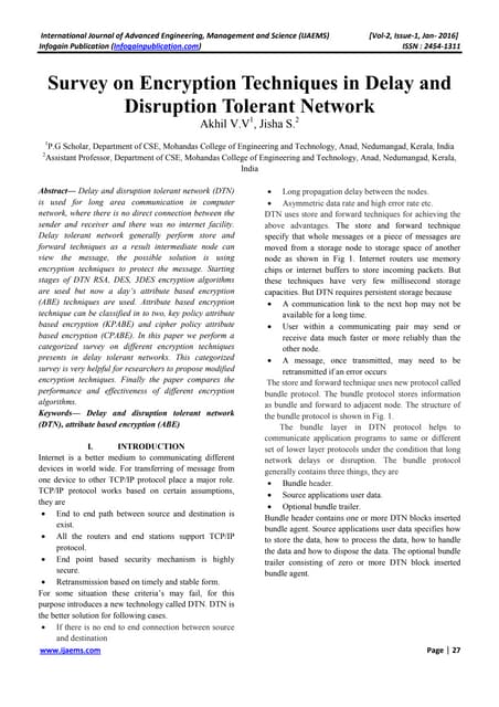 5 Ijaems Jan 2016 16 Survey On Encryption Techniques In Delay And Disruption Tolerant Network Pdf