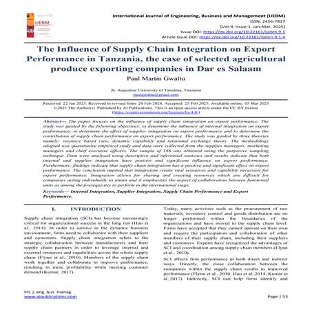 The Influence of Supply Chain Integration on Export Performance in Tanzania, the case of ...