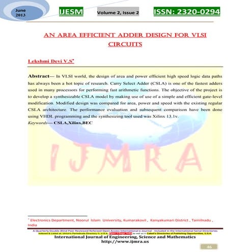 An Area Efficient Adder Design for VLSI Circuits | PDF | Publishing Industry | Industries