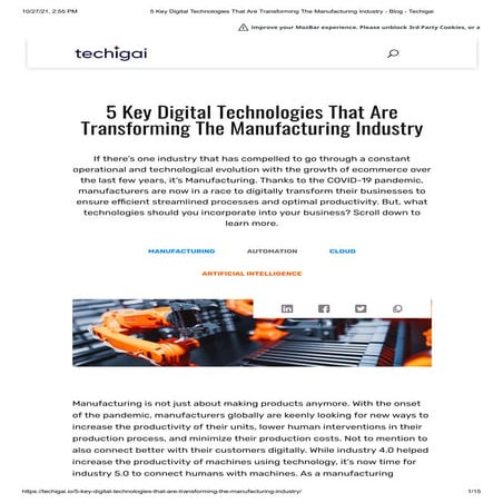 Digital Transformation: Revolutionizing the Manufacturing Industry | PDF