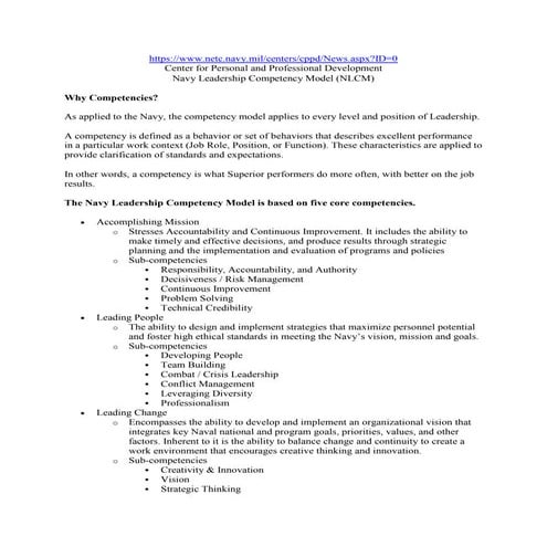 Navy Leadership Competency Model (NLCM) 5 Core Competencies | PDF
